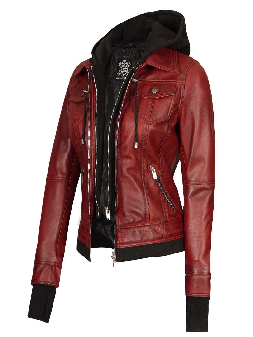 Blouson aviateur en cuir marron pour femme avec capuche | Stock limité ...